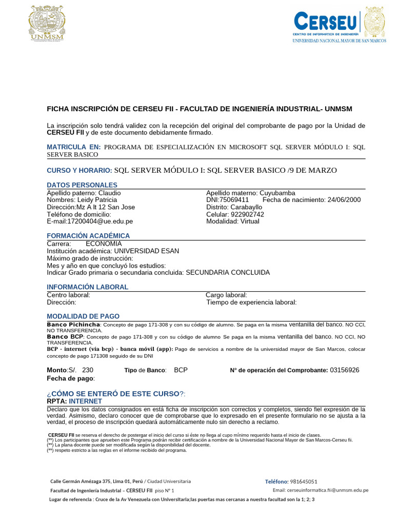 Ficha de Inscripcion Cerseu Fii 2025 Unmsm | PDF