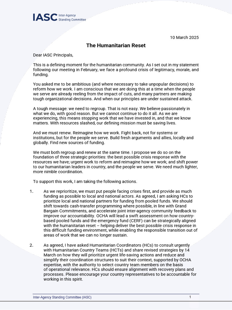 ERC Letter To IASC Principals The Humanitarian Reset - 10 March 2025 | PDF