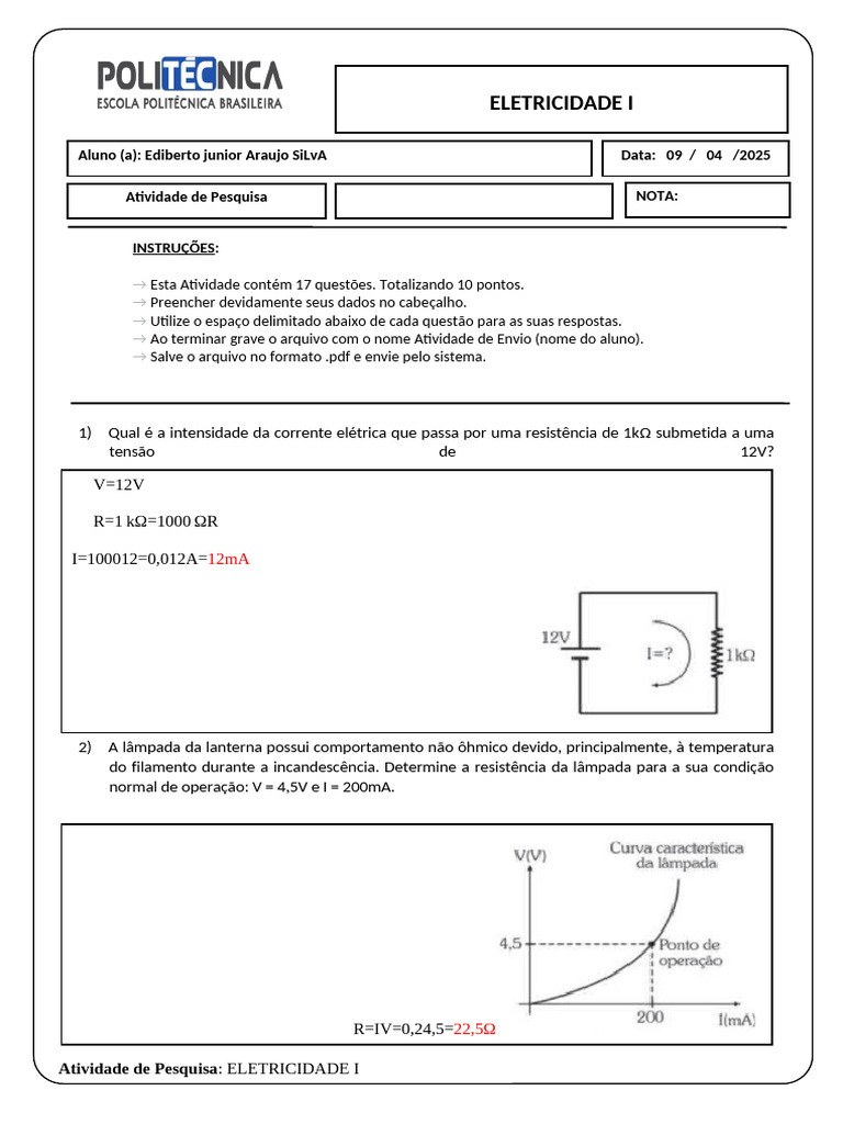 Atividade de Pesquisa - Eletricidade I | PDF | Rede elétrica | Resistência elétrica e condutividade