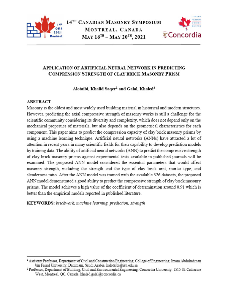 Ann in Predicting Compression Strength of Clay Brick Masonry Prism | PDF