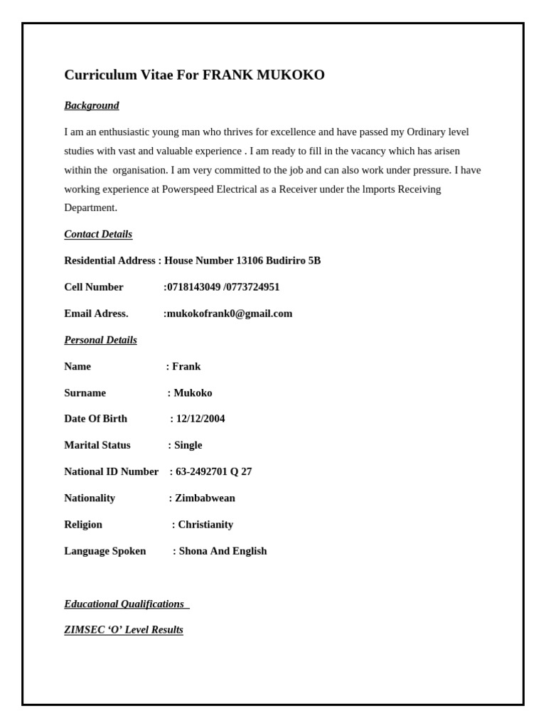 Curriculum Vitae For Frank Mukoko | PDF