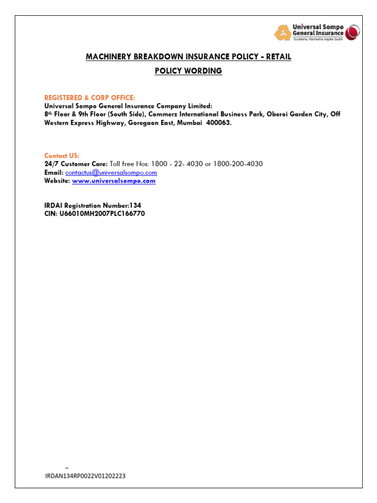 Machinery Breakdown Insurance Policy | PDF | Insurance | Indemnity