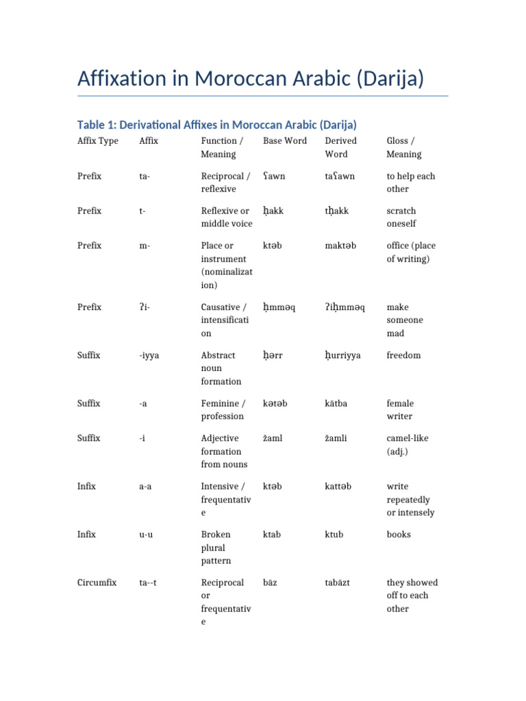 Affixation Moroccan Darija | PDF | Grammatical Gender | Verb