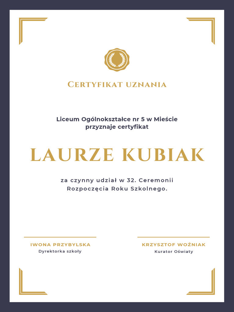 Dyplom - Wyróżnienie Certyfikat Fioletowy Złoty Obramowany | PDF