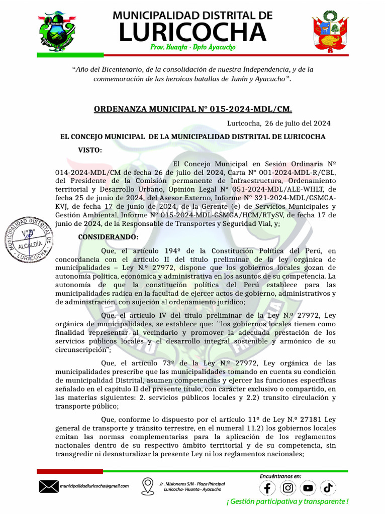 ORDENANZA MUNICIPAL N° 015-2024- WORD CORREGIDO | PDF | Gobierno local | Tráfico