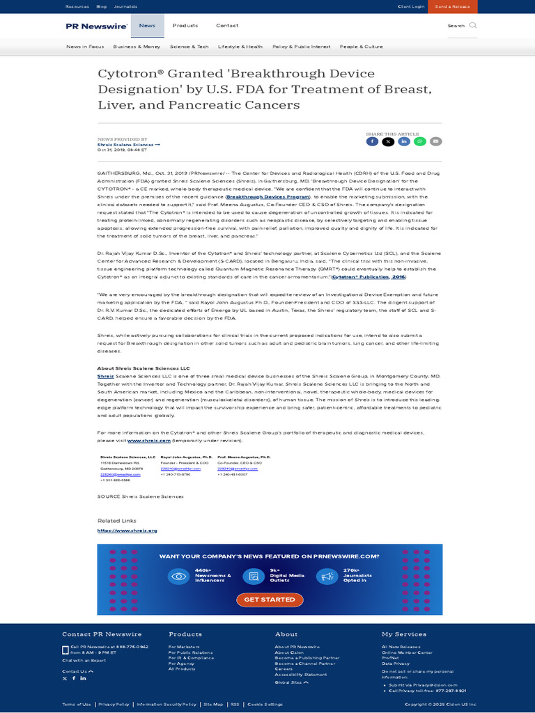 Cytotron® Granted 'Breakthrough Device Designation' by U.S. FDA For Treatment of Breast, Liver ...