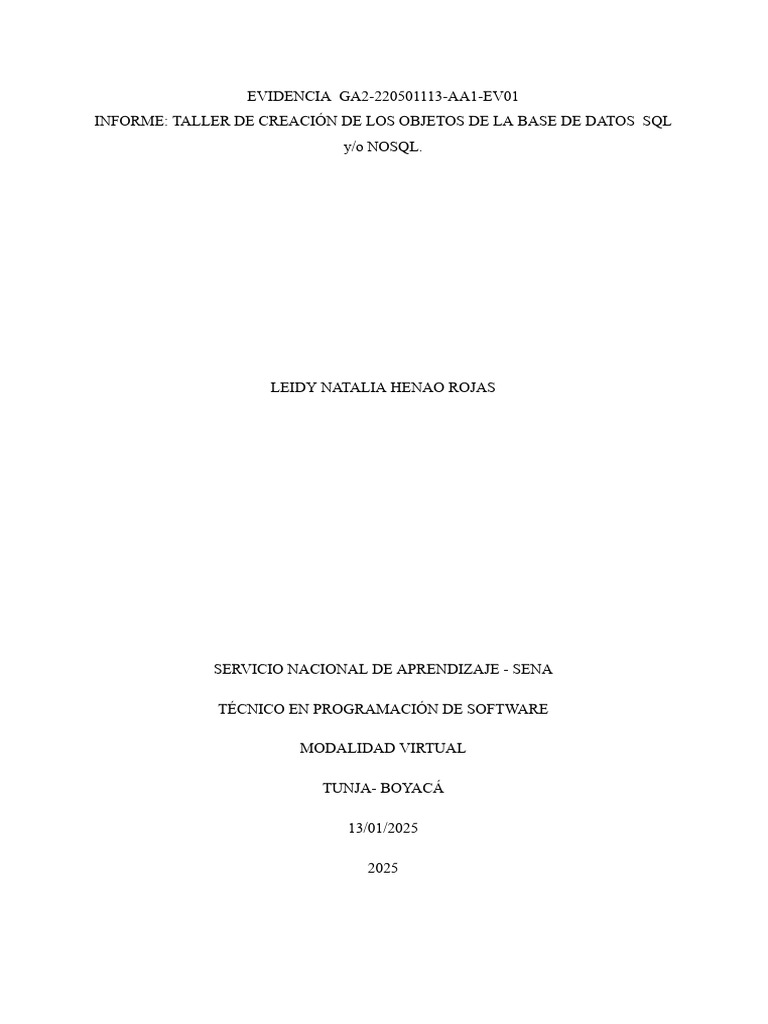 Evidencia Ga2-220501113-Aa1-Ev01 | PDF | No Sql | SQL