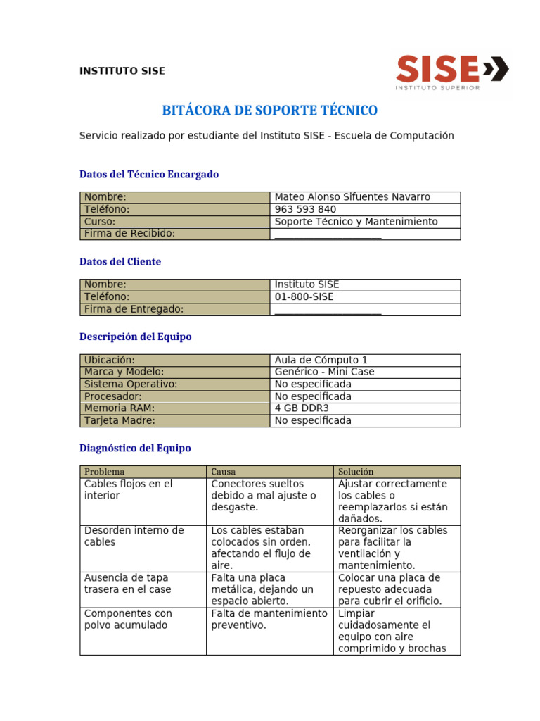 Bitacora SISE Computadora Mateo Sifuentes | PDF | Informática
