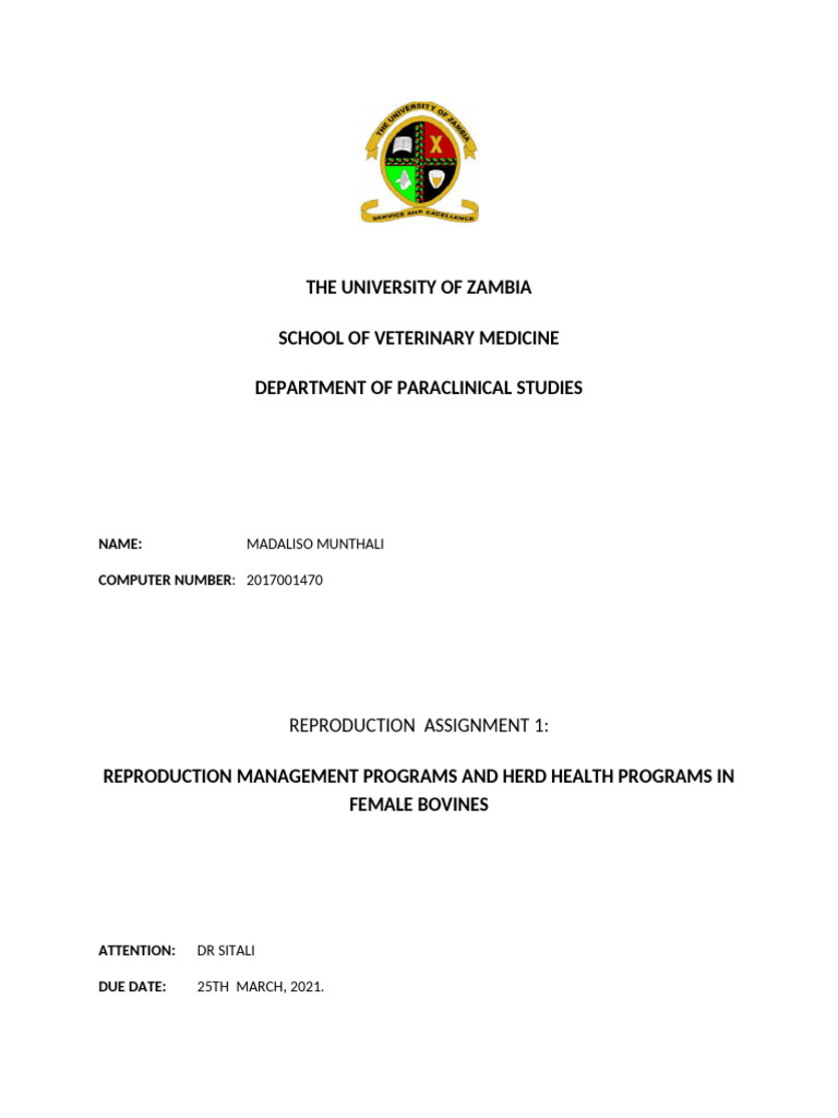 Munthali Reproduction (5319) Assignment 1 (DR SITALI) Mhwx9-Qky2b | PDF | Cattle | Dairy Cattle