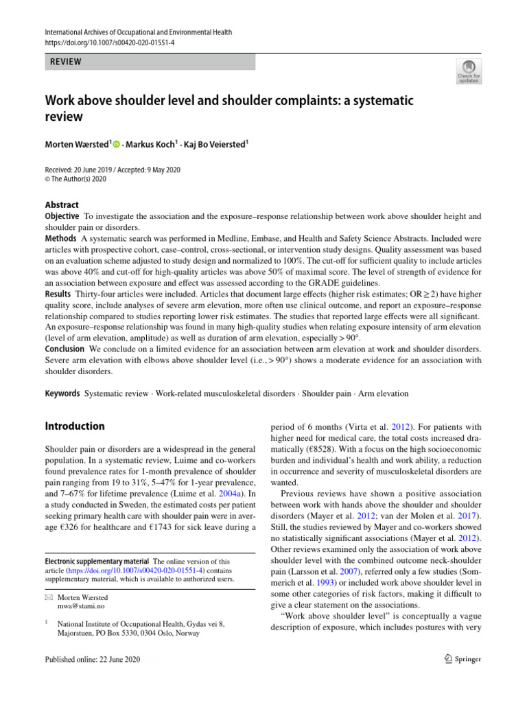 Work Above Shoulder Level and Shoulder Complaints 2019 | PDF | Joints ...