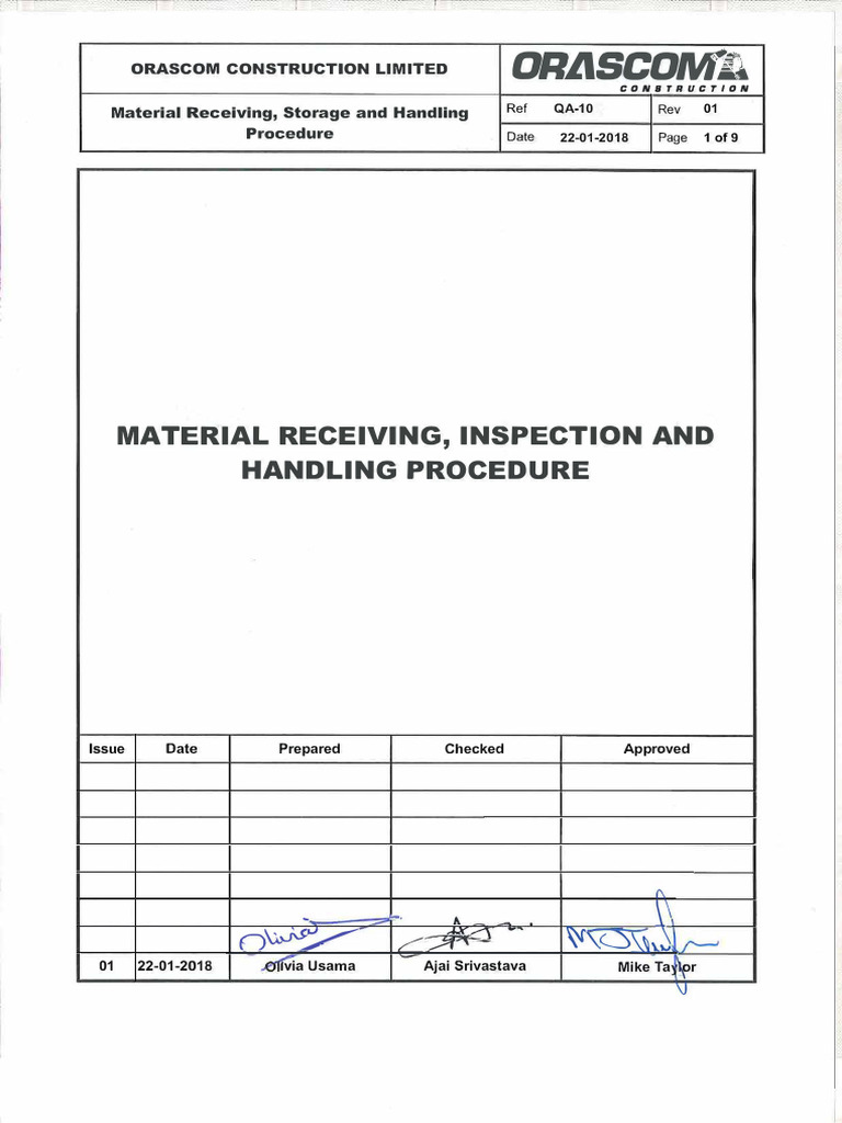 QA-10 Material Receiving, Inspection and Handling Procedure | PDF ...