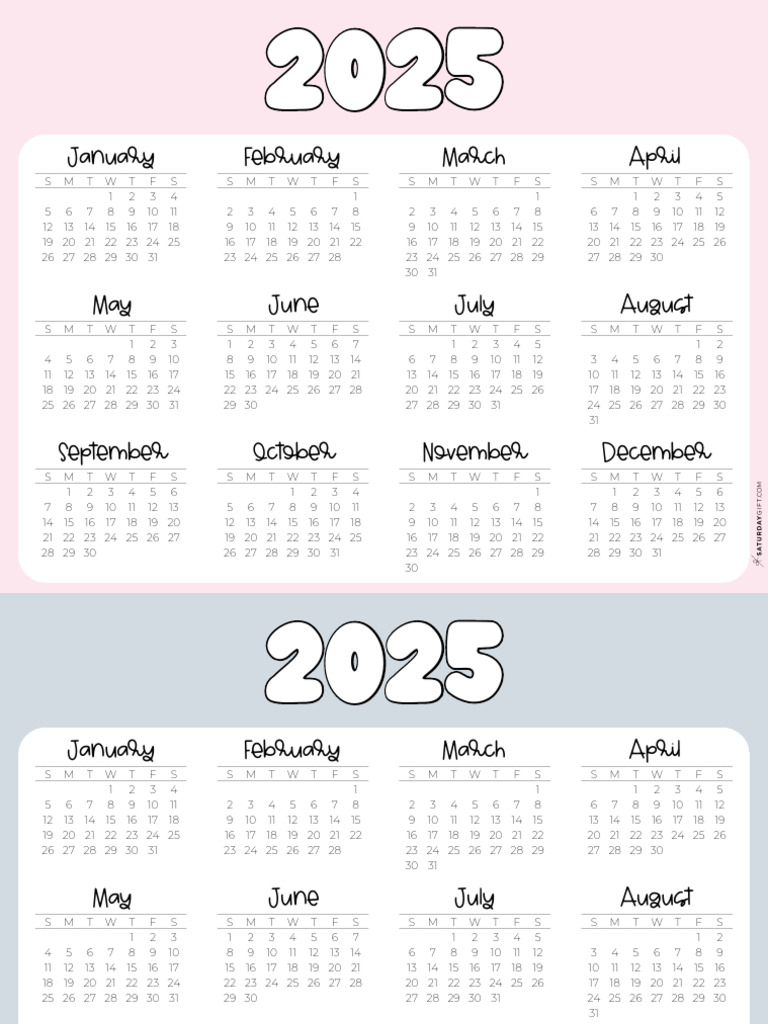2025 Year Calendars 6 Cute Pastel Colors Landscape PDF Sunday Starting ...