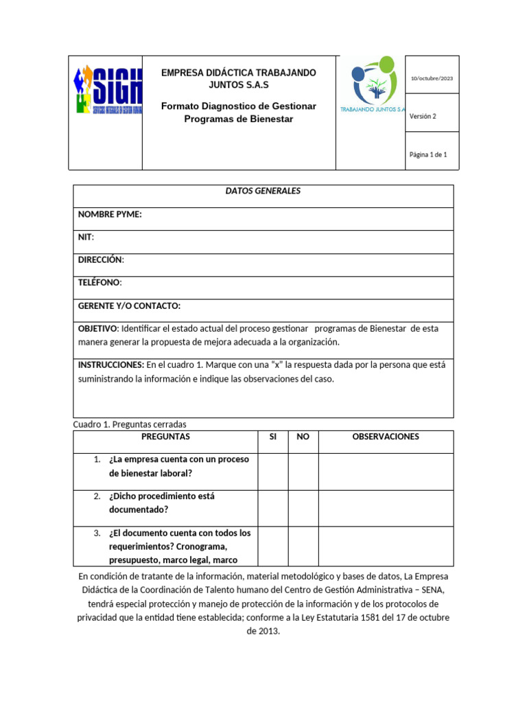 Formato Diagnostico Gestionar V.2 | PDF | Presupuesto