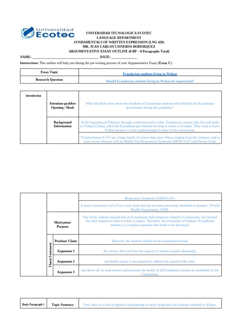 3a. Argumentative Essay Outline (6 Body Paragraphs - 8 Total) | PDF ...