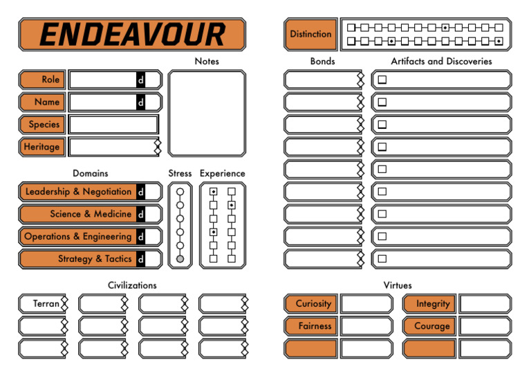 Endeavour Character Sheet Print | PDF