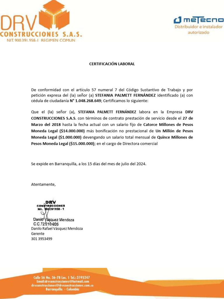 CERTIFICADO LABORAL. | PDF