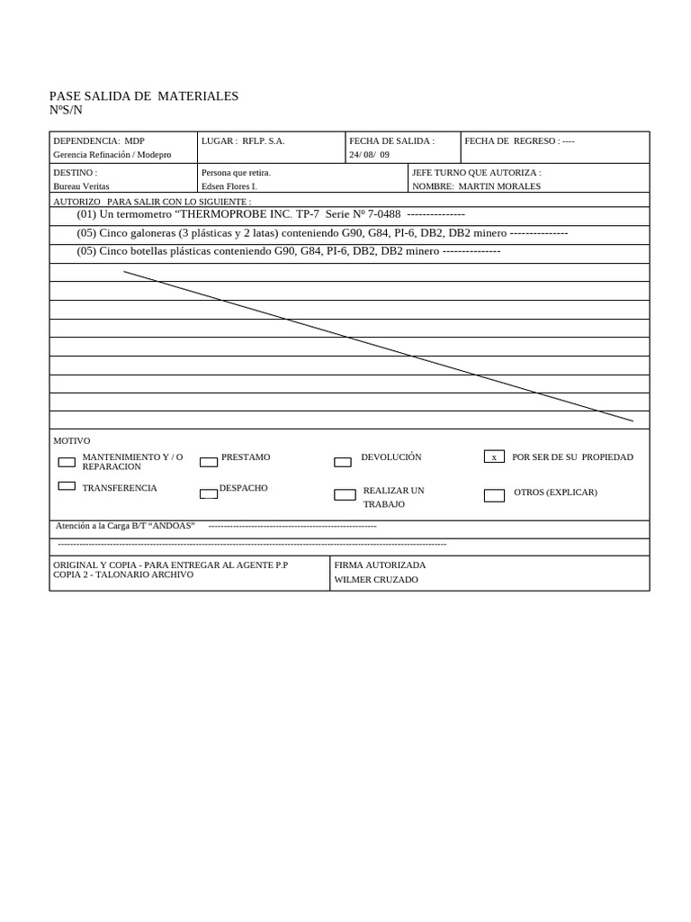 Pase Salida de Materiales | PDF