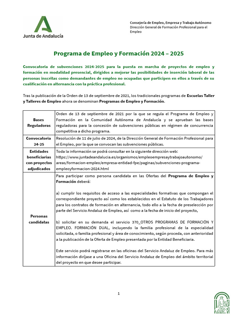 Programa de Empleo y Formación 2024-2025 | PDF