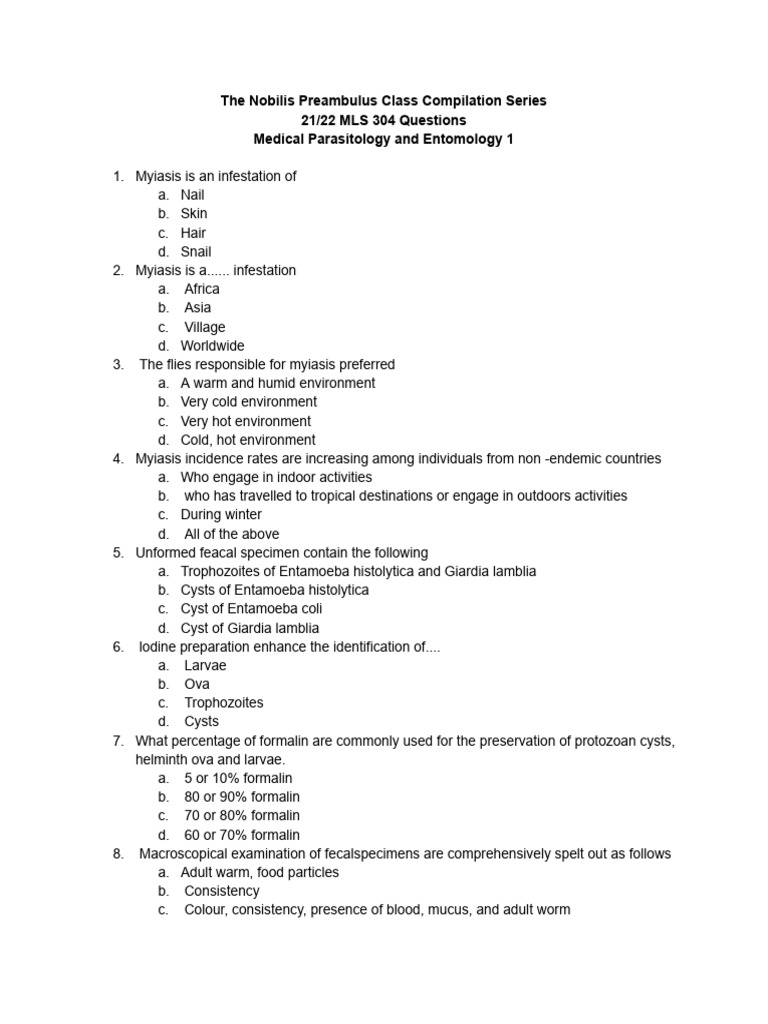 Medical Parasitology and Entomology 1 MCQs (Nobilis Preambulus) | PDF ...
