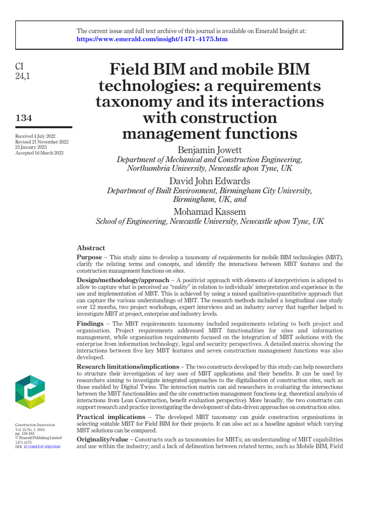 Field BIM and Mobile BIM Technologies A Requirements Taxonomy and Its ...