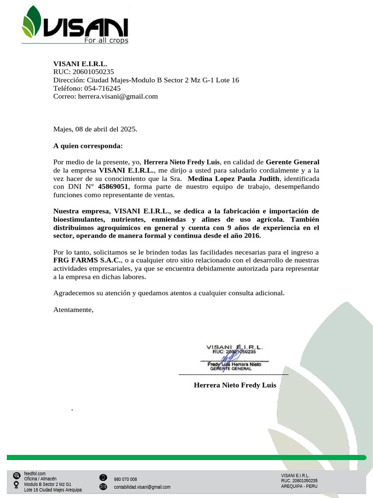 Autorización de Representante de Visani E.I.R.L. | PDF