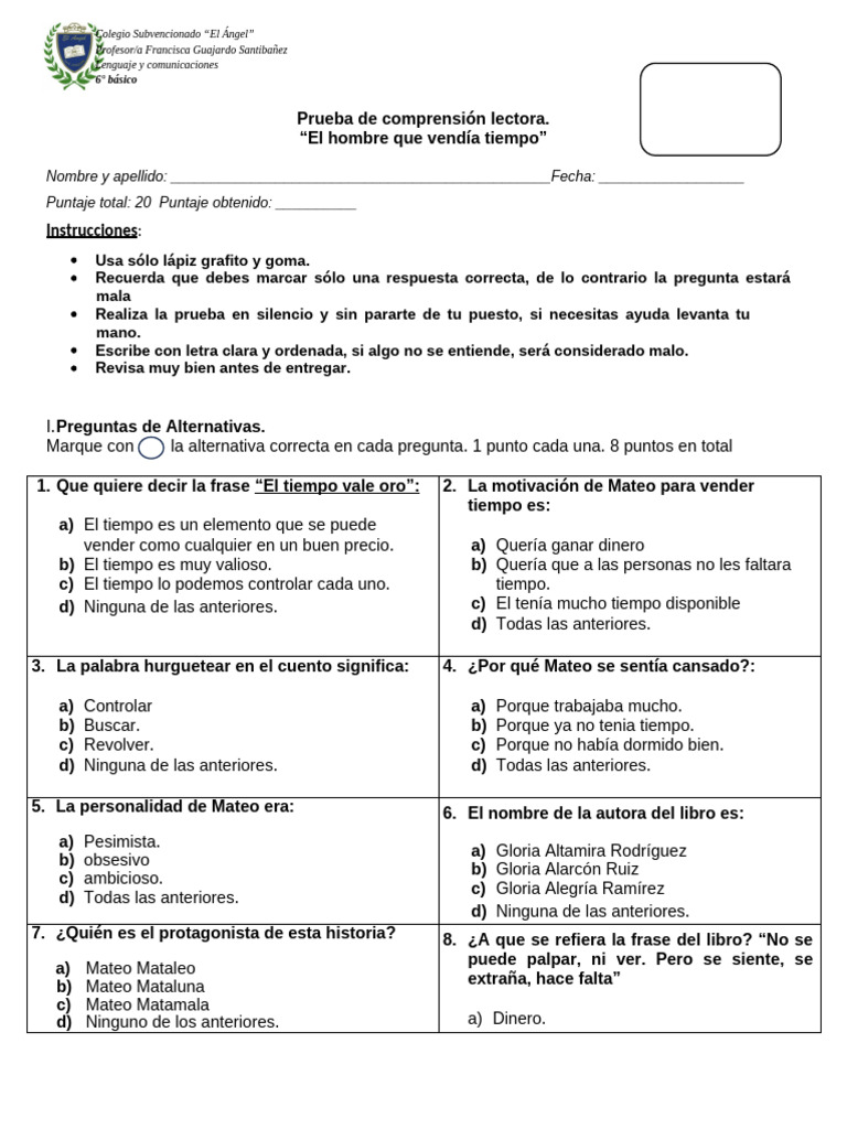 Prueba de comprensión: "El hombre que vendía tiempo" | PDF