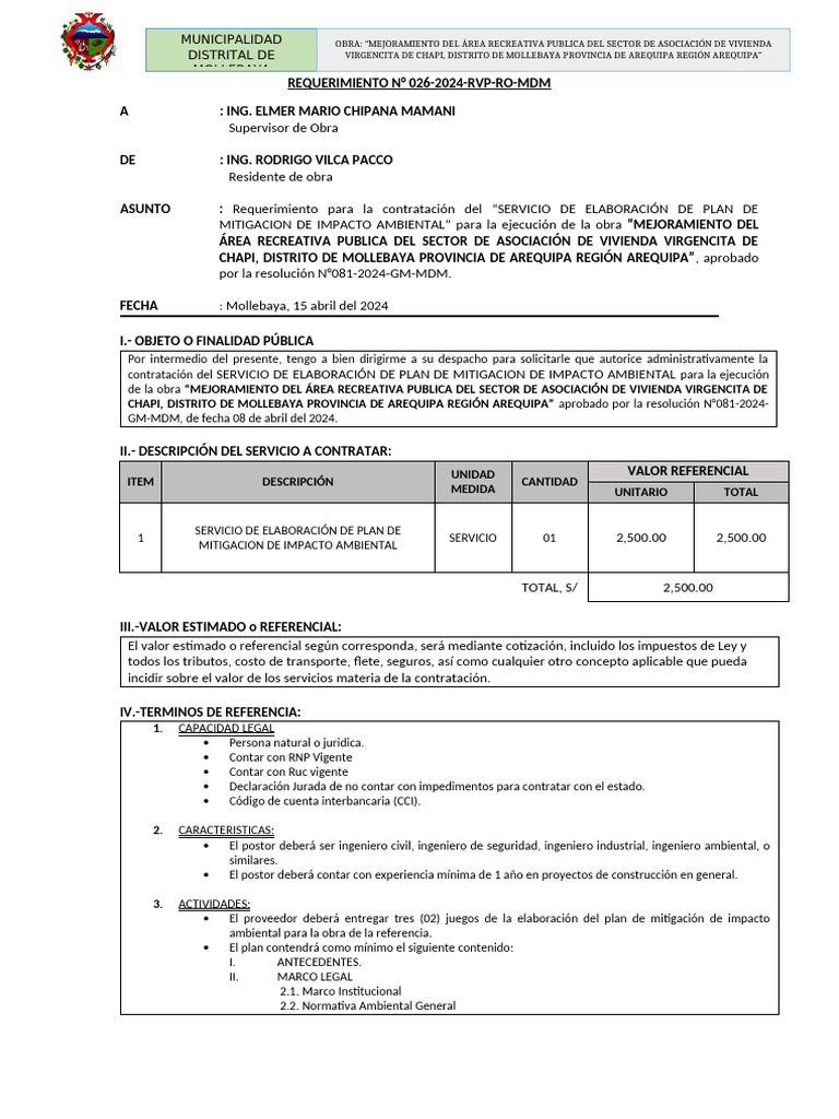 Req. 026. Servicio de Elab. Plan de Mitigacion de Impacto Ambiental Prueba | PDF | Ciencias de ...