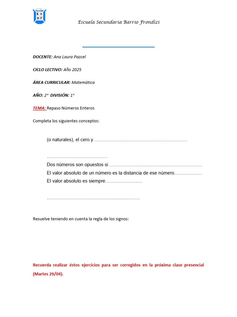 GUÍA DE CONTINGENCIA - REPASO N° ENTEROS - 2°1° | PDF