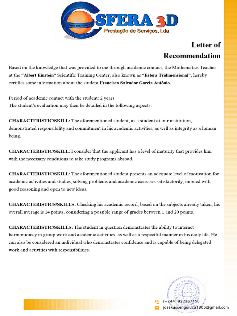 Letter of Recommendation for Student | PDF