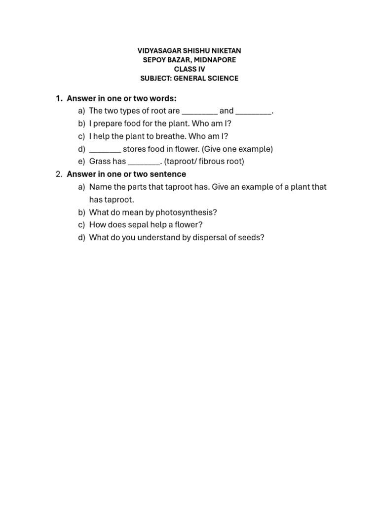 Class IV General Science Worksheet | PDF