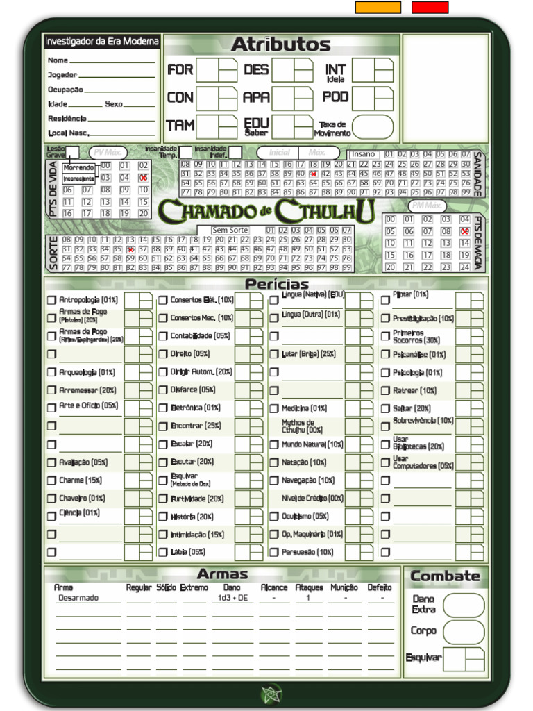Chamado de Cthulhu Ficha de Personagem Era Moderna - Evan Dências Pós Ep 2 | PDF