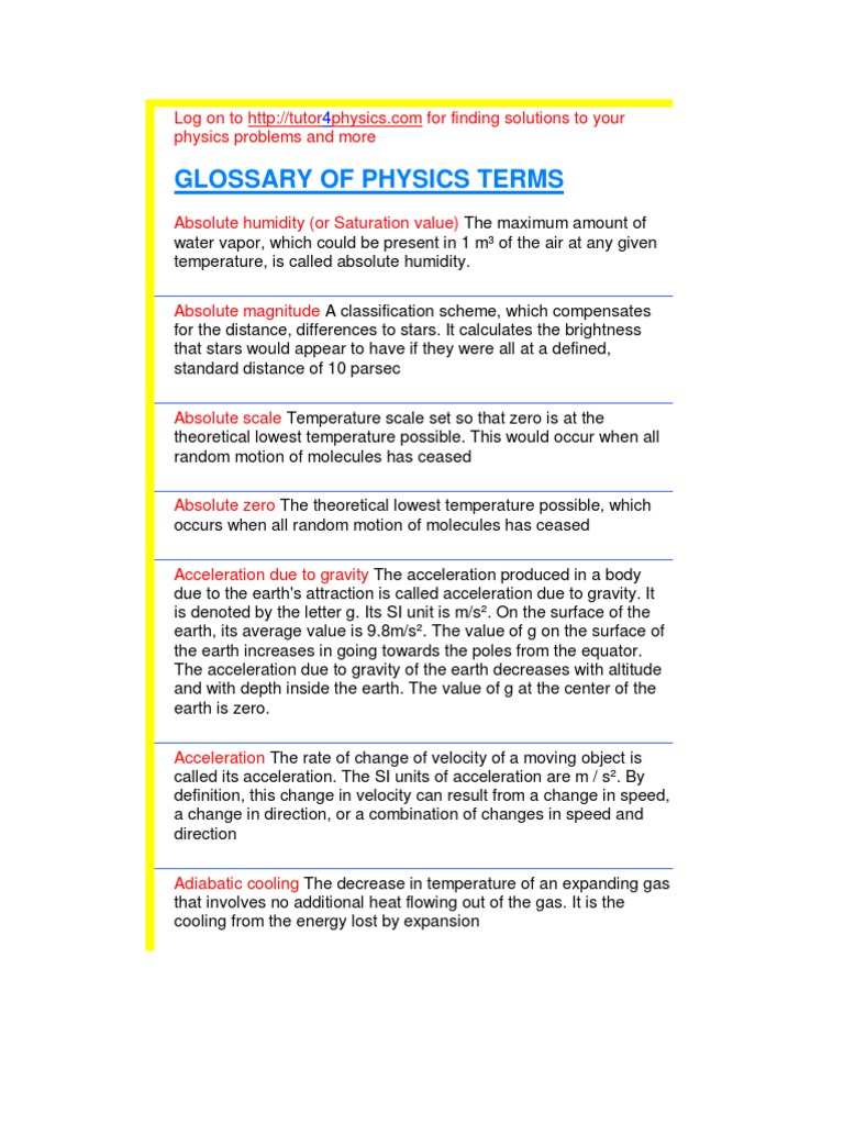 Glossary of Physics Terms: Log On To Http://tutor Physics Problems and ...