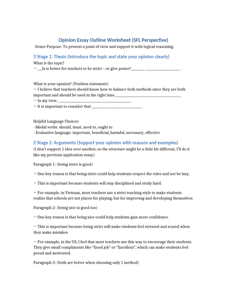 SFL Opinion Essay Outline Worksheet | PDF | Essays | Reason