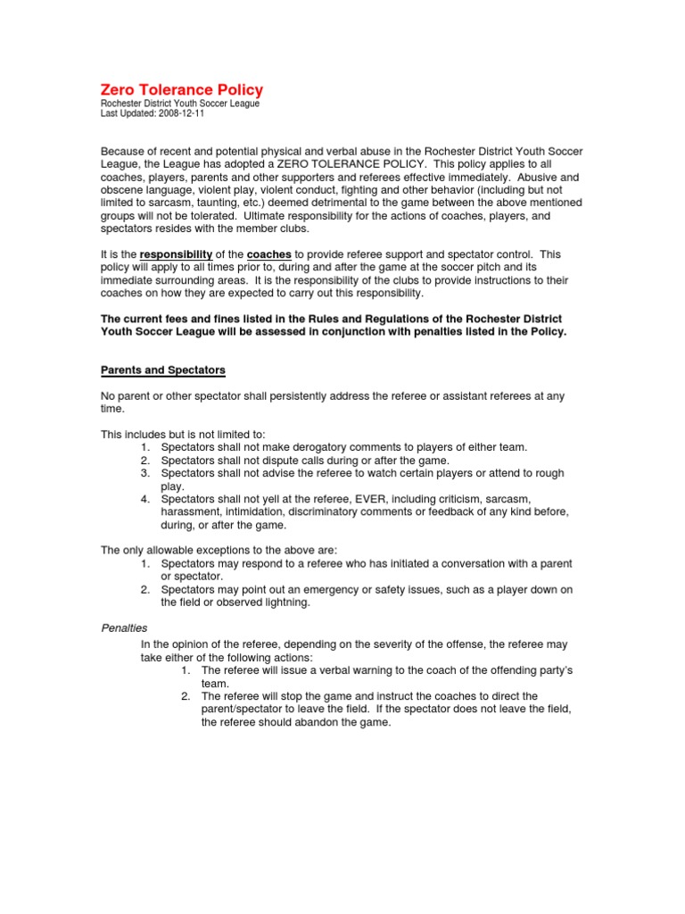 Zero Tolerance Policy | PDF | Referee | Association Football