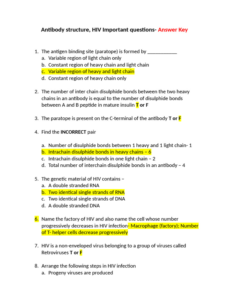 Antibody structure and HIV structure answer key-1 | PDF