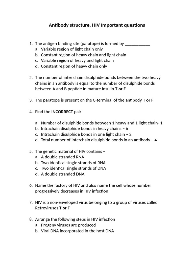 Antibody Structure and HIV Quiz Questions | PDF