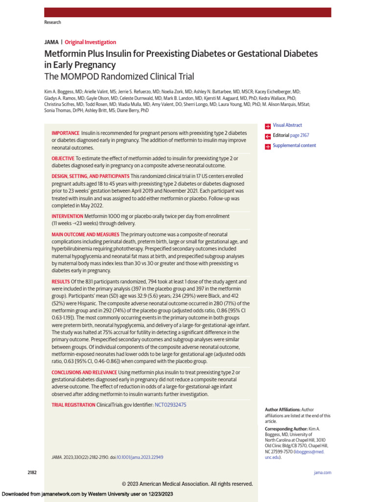 Kim A Boggess Metformin Plus Insulin For Preexisting | PDF | Diabetes ...