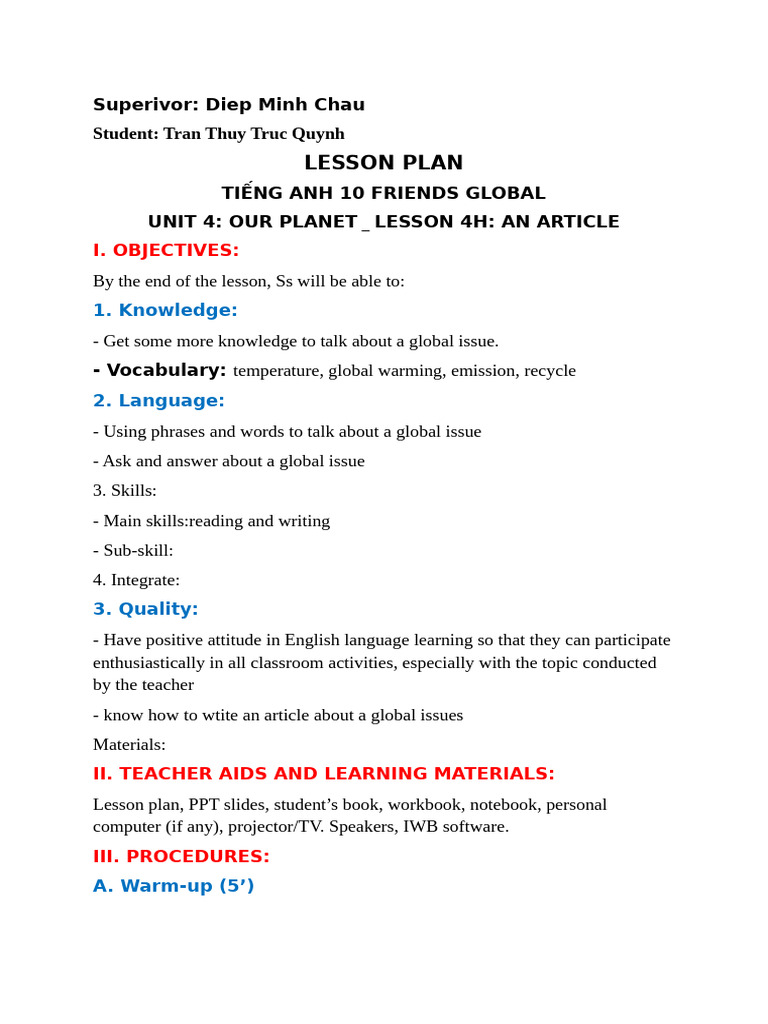 Lesson Plan: Global Issues in English | PDF | Vocabulary | Human ...