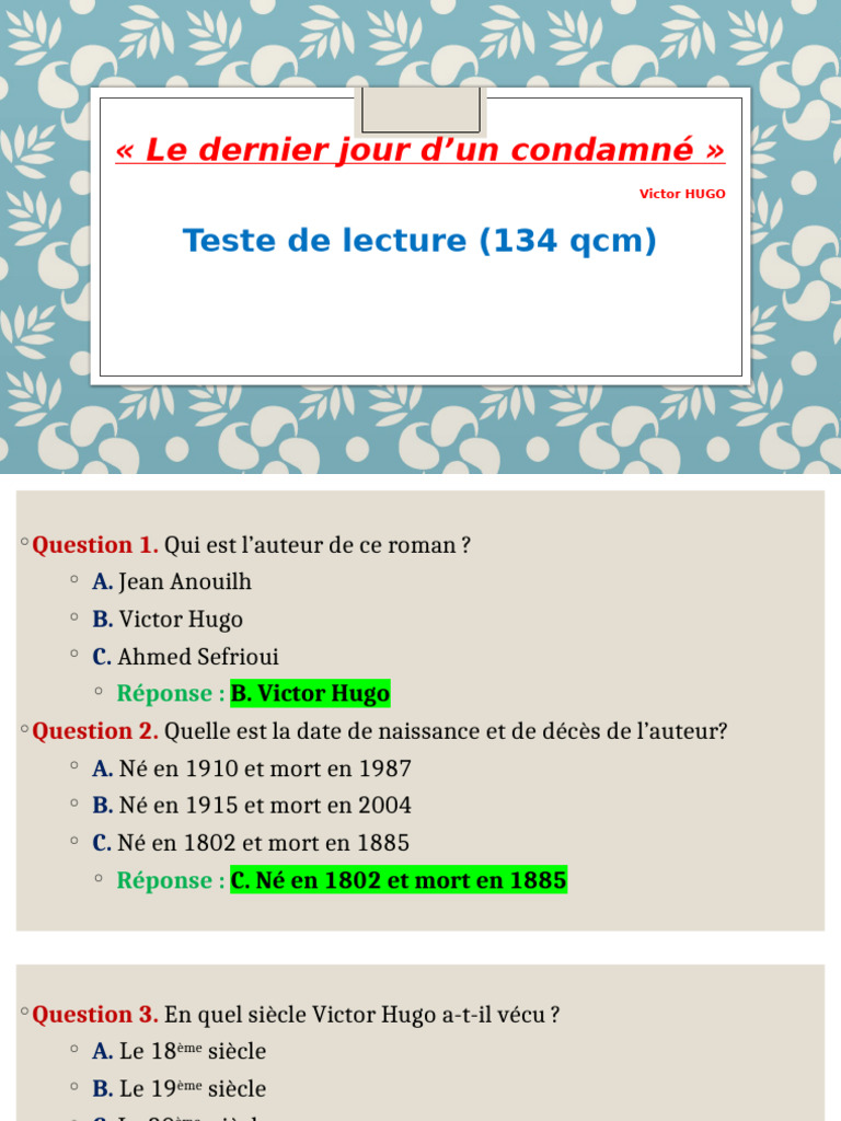 QCM sur "Le dernier jour d’un condamné" | PDF | Peine capitale ...