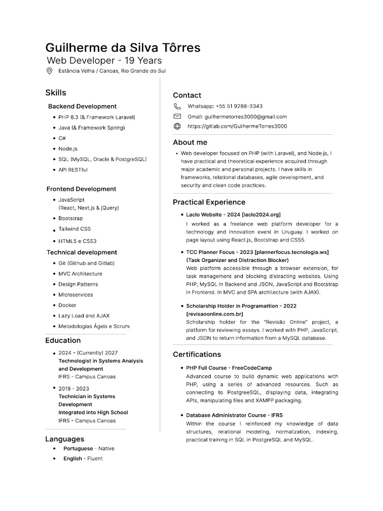 Curriculum GuilhermeTorres | PDF | Postgre Sql | Ajax (Programming)