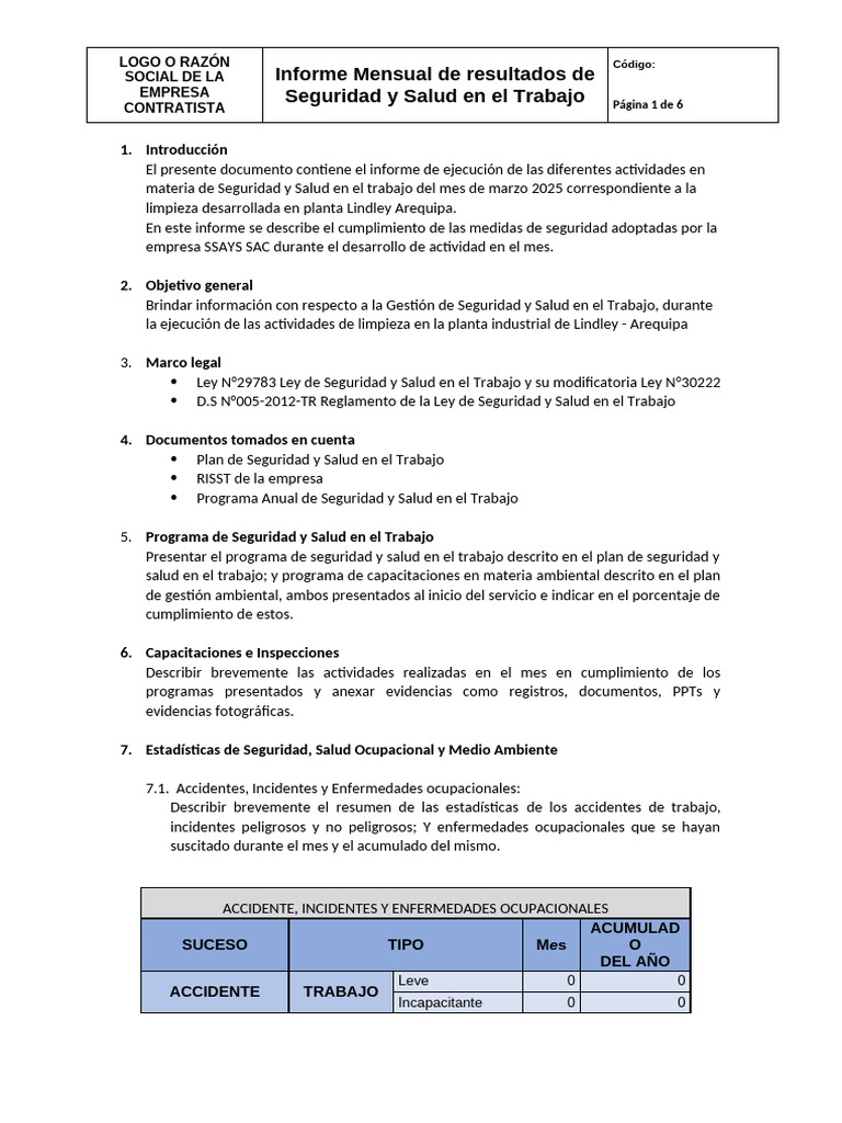 3870648-f15 Estructura Del - Informe Mensual - SST para Eecc | PDF | Seguridad y salud ocupacional