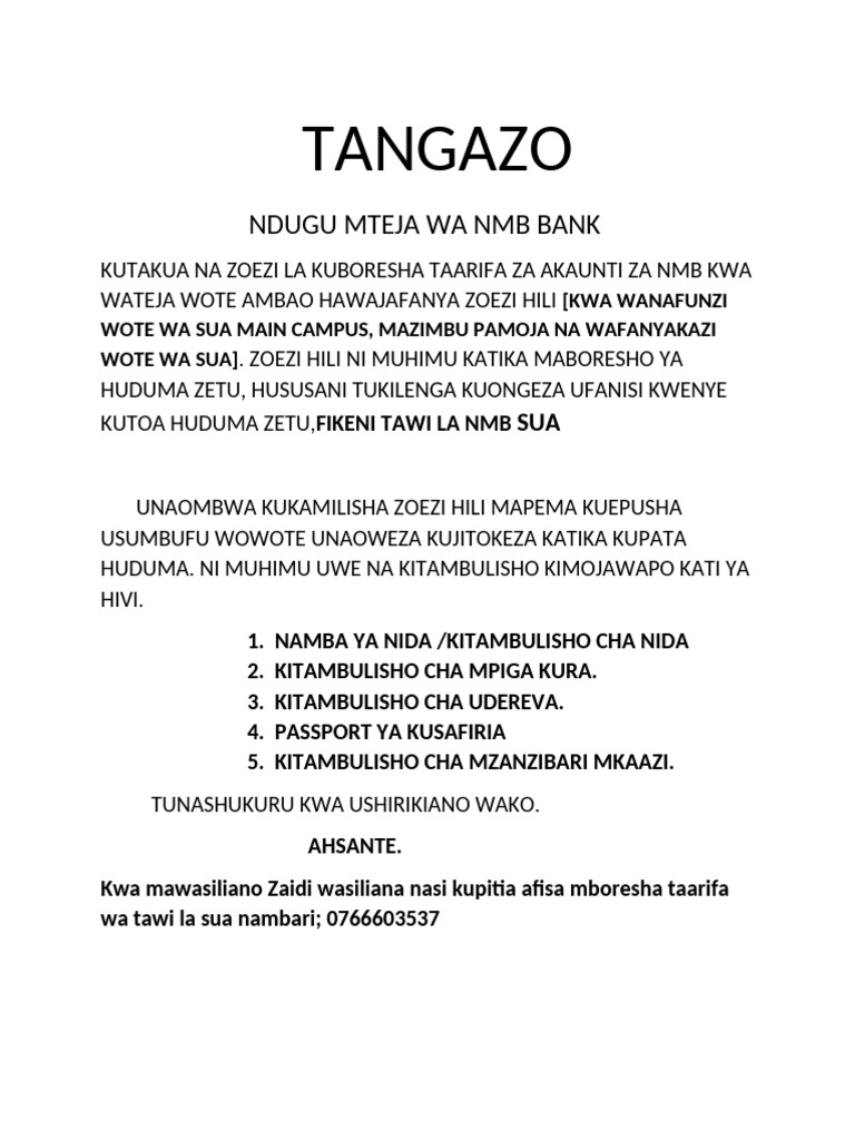 Tangazo La Maboresho Ya Accounts | PDF