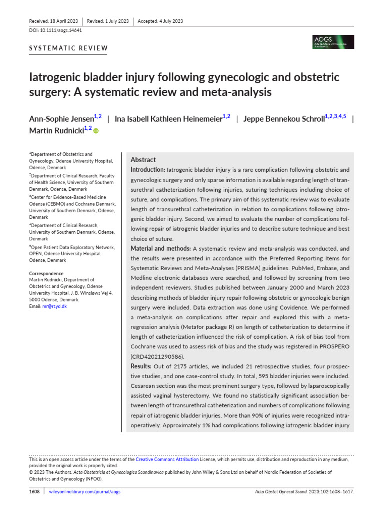 Iatrogenic Bladder Injury Following Gynecologic and Obstetric Surgery ...