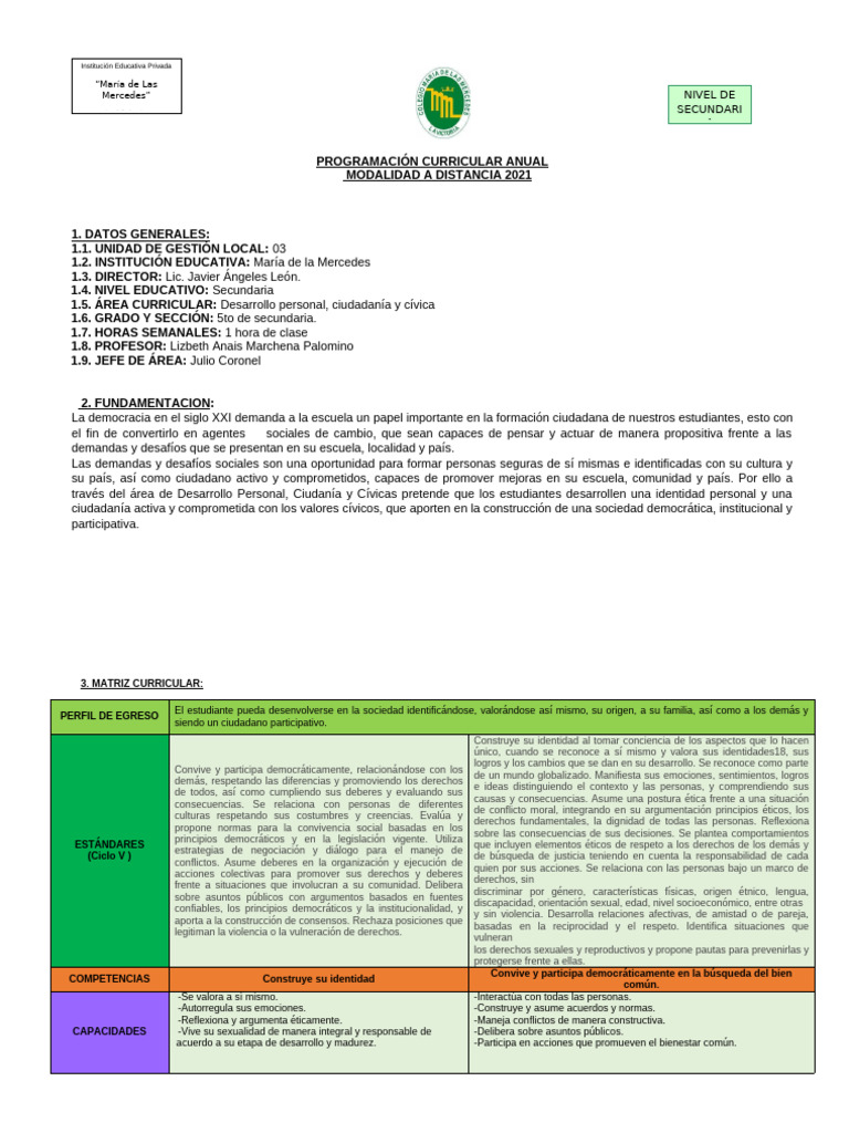 Programación Anual de DPCC. 5to. 2021 | PDF | Aprendizaje | Maestros