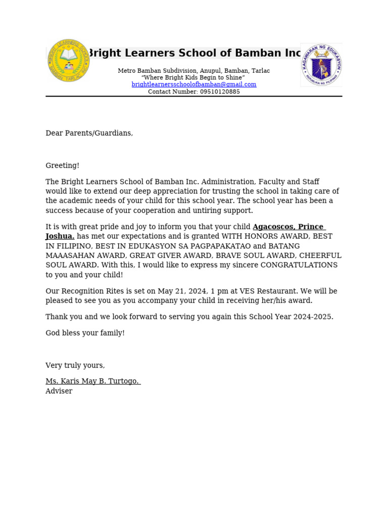 Congratulatory Letter GRADE 3 | PDF | Human Development | Family