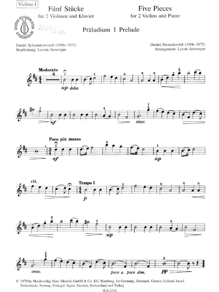 Shostakovich 5 Pieces For 2 Violins (VLN I) | PDF