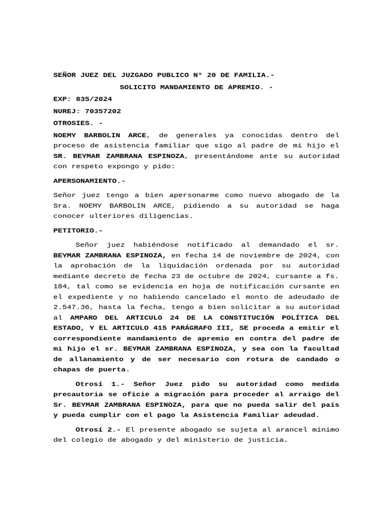 Solicitud de Mandamiento de Apremio Noemy Caso 835-2024 | PDF