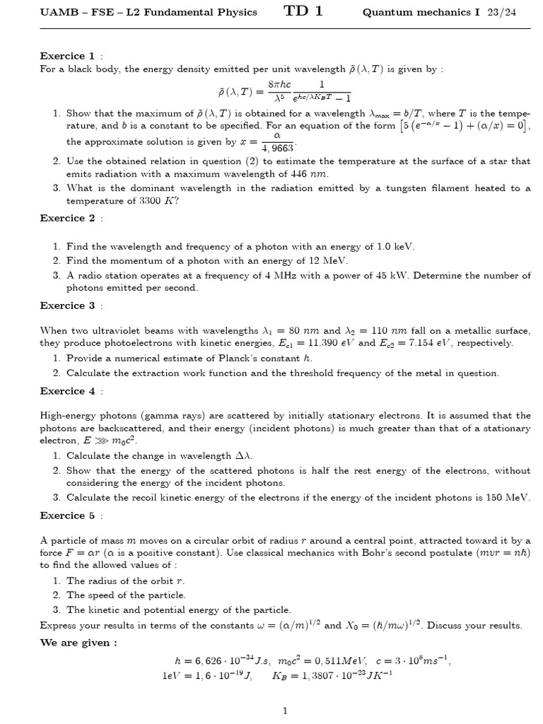 L2 Quantum Mechanics Exercises 2023 | PDF | Electronvolt | Photon