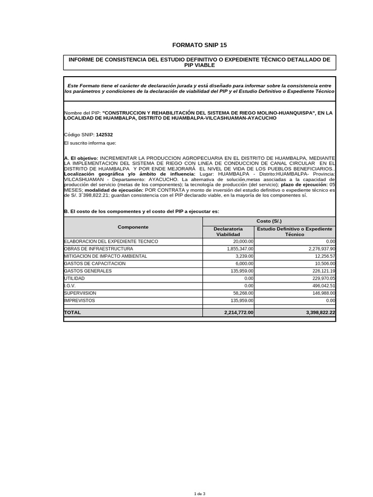 Formato Snip 15 - Molino Huanquispa-Huambalpa | PDF