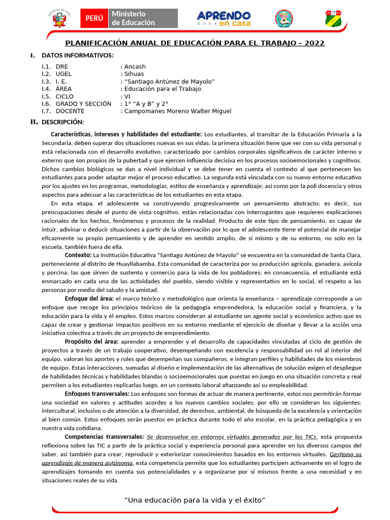 Planificación Anual - Ept 2022 | PDF | Aprendizaje | Enseñando